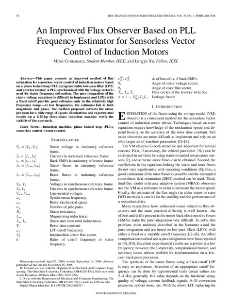 Pdf An Improved Flux Observer Based On Pll Frequency Estimator For Sensorless Vector Control