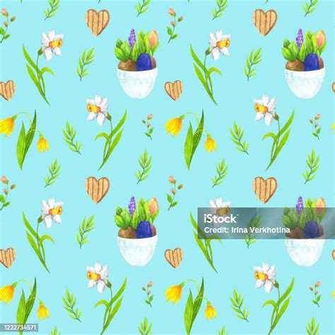 봄 앵초의 패턴 수선화 크로커스 화분 묘목 가지와 나무 마음 창백한 파란색 배경에 수채화 원활한 패턴입니다 패션 디자인 장식