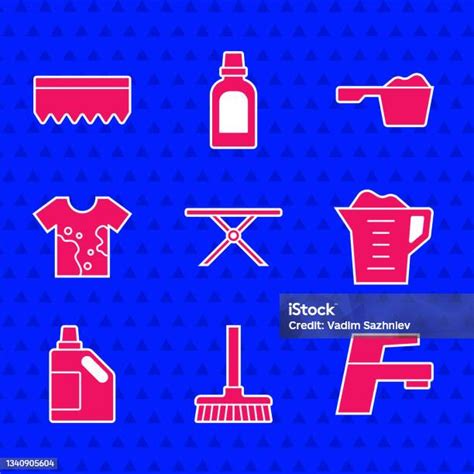 다림질 보드 손잡이 빗자루 물 수돗물 세척 분말 청소제 용 병 더러운 티셔츠 및 스폰지 아이콘을 설정합니다 벡터 가사 집안일에