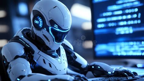 Futuristic Robot Coding Advanced Humanoid Robot Working On Code