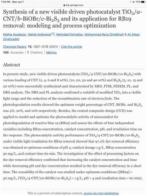 Synthesis Of A New Visible Driven Photocatalyst Tio2 A Cnt B Biobr C Bi2s3 And Its Application