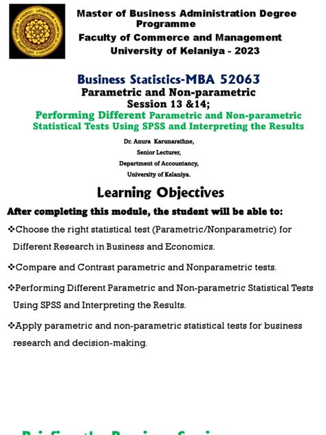 001 Mba Business Statistics Week 14 Parametric And Non Parametric Tests 17 06 2023 F1 Sv Pdf