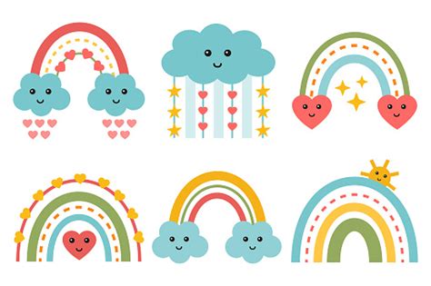 휴일 보육원 장식 베이비 샤워 의류 인쇄 초대장 카드를위한 무지개 컬렉션 재미 있는 무지개 별 맑은 구름 어린이 친화적 인 귀여운 스타일의 클립 아트 0명에 대한 스톡 벡터