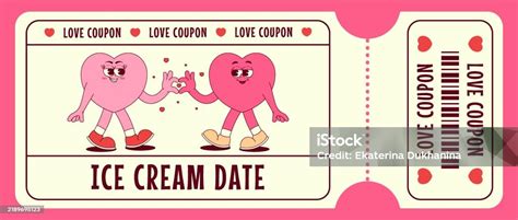 복고풍 그루비 스타일의 귀여운 하트 캐릭터가 있는 사랑 쿠폰 아이스크림 데이트 발렌타인 데이 2 월 14 일 및 기타 연애 휴일 수평 벡터 일러스트 레이 션 14에 대한