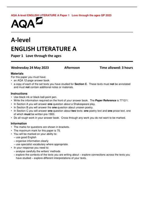 Aqa A Level English Literature A Paper 1 Love Through The Ages Qp 2023 Aqa Stuvia Us