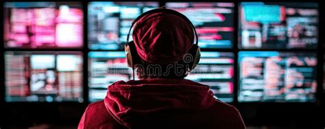 hacker back view multiple screens coding dark room cybersecurity stock illustration