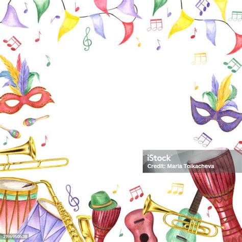 수채화 마디 그라 카니발 액세서리 악기 음표 텍스트를위한 빈 공간 사각형 프레임 깃털 리본 모자가 있는 축제 마스크 휴일 그림 고립 된 배경 0명에 대한 스톡 벡터 아트 및