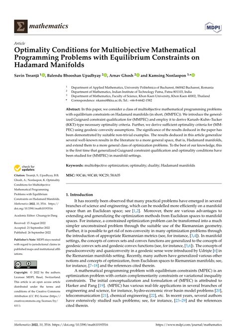 Pdf Optimality Conditions For Multiobjective Mathematical Programming Problems With
