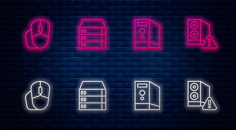 세트 서버 데이터 웹 호스팅 컴퓨터 의 경우 컴퓨터 마우스 및 벽돌 벽에 빛나는 네온 아이콘 벡터 광학 기기에 대한 스톡 벡터