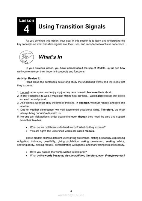 English 8 Module 4 Using Transition Signals Grade 8 Modules
