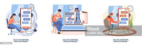 온라인 의료 서비스 은유 상담 웹 사이트 및 모바일 응용 프로그램 어디서나 의사와 대화 개념에 대한 스톡 벡터 아트 및 기타 이미지 개념 건강 진단 건강관리와 의술