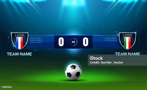 반짝이는 빛이 있는 축구 축구 경기장 스포트라이트와 스코어보드 배경 축구에 대한 스톡 벡터 아트 및 기타 이미지 축구 점수판 축구공 Istock