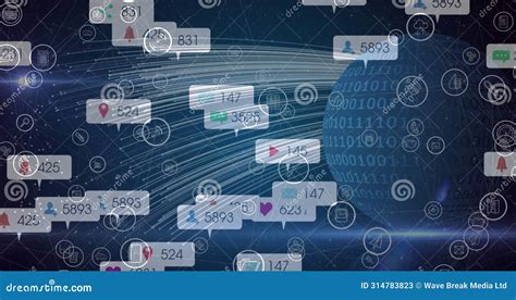 Image Of Globe With Binary Coding And Network Of Social Media Icons And