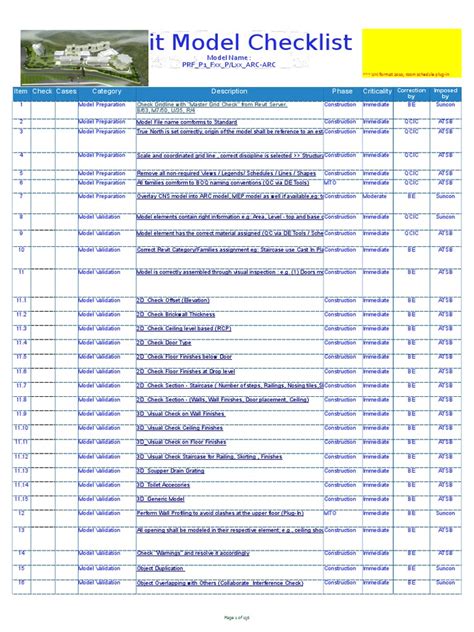 01 Revit Model Checklist Arc R07 Pdf Autodesk Revit Microsoft Excel