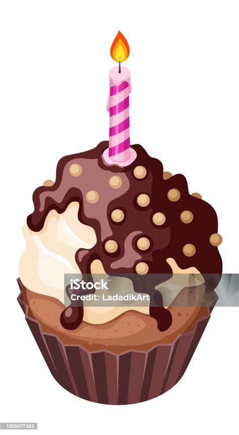 생일 컵 케이크 떨어지는 초콜릿과 촛불을 곁들인 크림 머핀 개념에 대한 스톡 벡터 아트 및 기타 이미지 개념 기념일 머핀 Istock