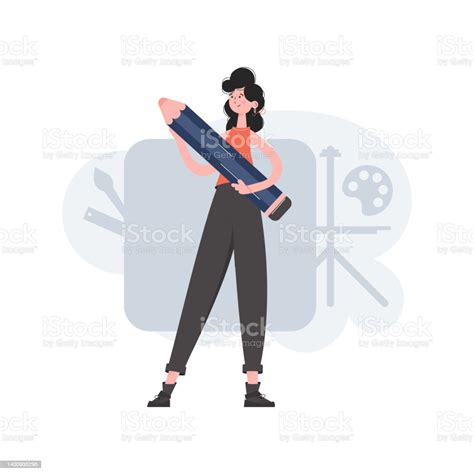 창조적 인 여성은 큰 연필을 들고 완전히 성장합니다 디자인 프리젠 테이션 사이트를위한 요소 개념에 대한 스톡 벡터 아트 및 기타