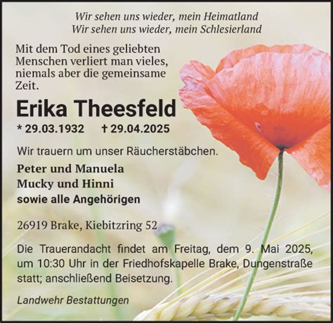 Traueranzeigen Von Erika Theesfeld Nordwest Trauerde