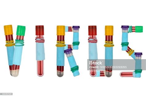 단어 바이러스는 흰색 배경에 유리 의료 튜브로 구성되어 있습니다 전염병 테스트 및 분석 코로나바이러스 간호사에 대한 스톡 사진 및 기타 이미지 Istock