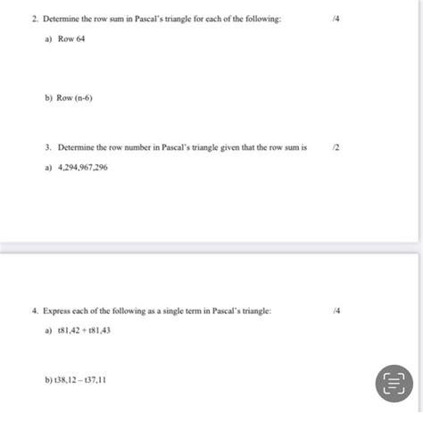 Solved Determine The Row Sum In Pascal S Triangle For Chegg Com
