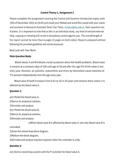 Solved Control Theory Assignment Please Complete The Chegg Com