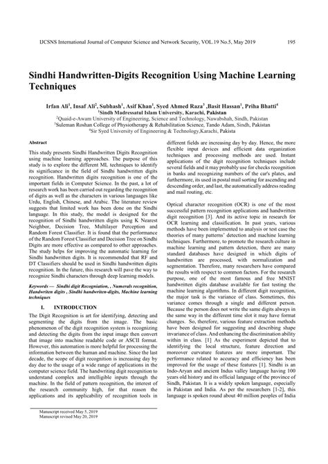 Pdf Sindhi Handwritten Digits Recognition Using Machine Learning