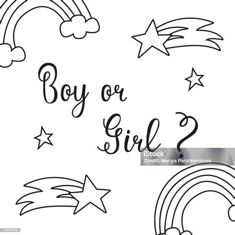 손글씨 소년 또는 소녀 낙서 스타일의 무지개와 혜성의 이미지입니다 아기 성별 공개 파티에 대 한 벡터 초대장 템플릿입니다 카드 초대장 및 배너에 캘리그래피 글자 0명에 대한