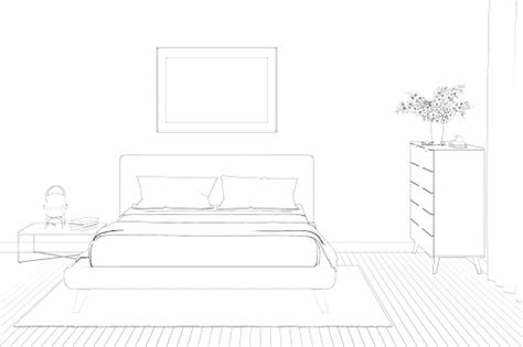 침대 머리 위에 수평 포스터가있는 침실의 스케치 창가 서랍 가슴에 꽃병 침대 옆 테이블의 램프 전면 보기입니다 0명에 대한 스톡 사진 및 기타 이미지 Istock