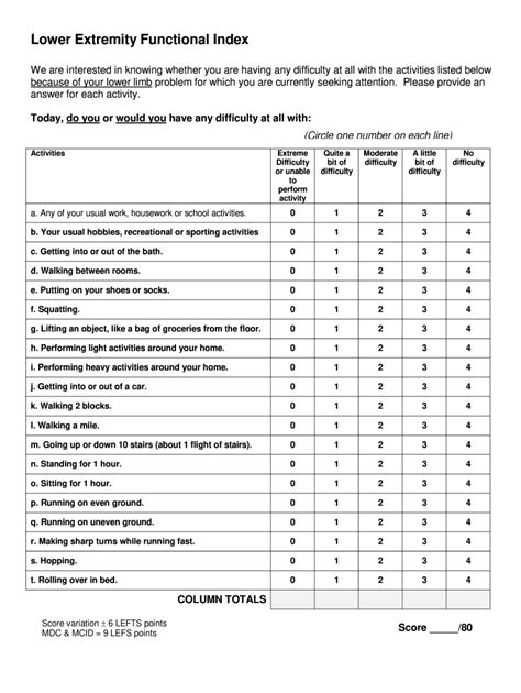 Lower Extremity Functional Index Fill Online Printable Fillable Blank Pdffiller