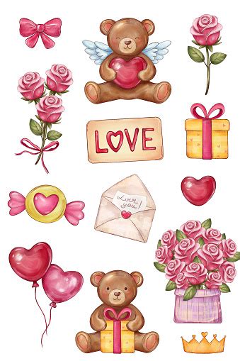 로맨틱한 발렌타인 데이 세트입니다 스티커 세트 장미 클립 아트 꽃다발 테디 베어 사탕 심장 공 사랑의 텍스트 왕관 활 2월에 대한 스톡 벡터 아트 및 기타 이미지 Istock