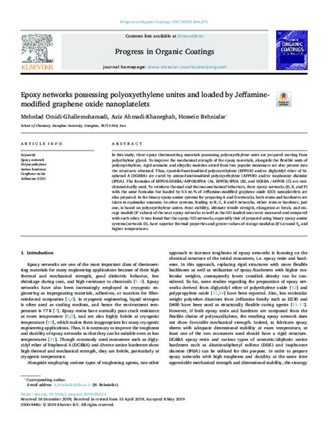 Pdf Epoxy Networks Possessing Polyoxyethylene Unites And Loaded By Jeffamine Modified Graphene