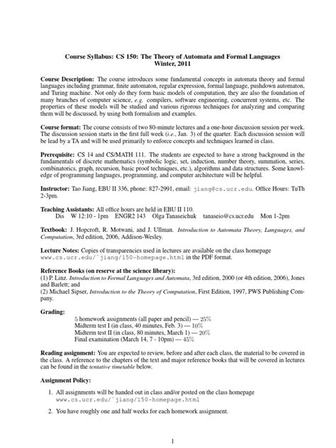 Course Syllabus Cs 150 The Theory Of Automata And Formal Languages Winter 2011 Pdf