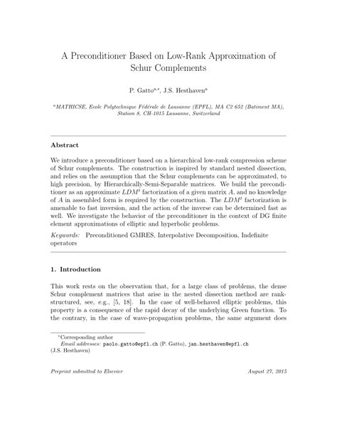 Pdf A Preconditioner Based On Low Rank Approximation Of Schur Complements