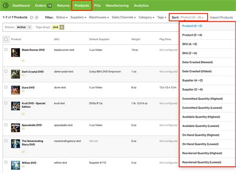 Ordoro How Do I Sort Products In Ordoro