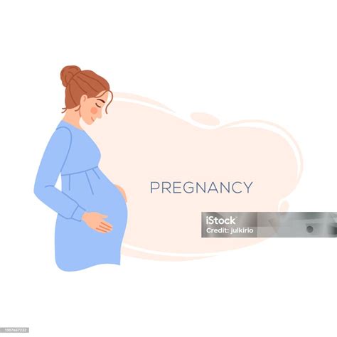 흰색 배경에 고립 된 임신 한 여성 배너 아기가 임신 한 배를 들고 기대하는 평평한 행복한 미소 젊은 엄마 임신 개념 배너 캐릭터 디자인 만화 출산 벡터 일러스트레이션
