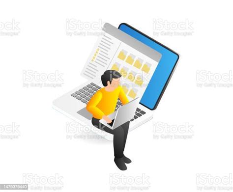 화면에 노트북과 문서를 가진 아이소메트릭 남자 벡터 그림입니다 3차원 형태에 대한 스톡 벡터 아트 및 기타 이미지 3차원 형태 개념 개념과 주제 Istock