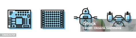 세트 라인 로봇 인쇄 회로 기판 Pcb 인쇄 회로 기판 Pcb 및 액션 카메라 아이콘비행 무인 항공기 벡터 기계류에 대한 스톡
