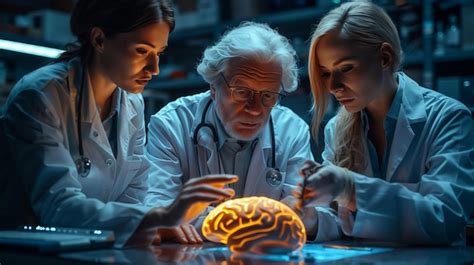Medical Professionals Examining Illuminated Brain Model In Laboratory Premium Ai Generated Image