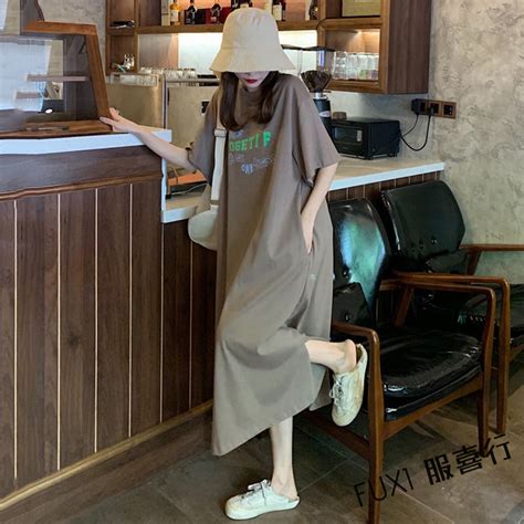 T恤裙 短袖連身裙 女生裙裝 中長款休閒長裙 短袖洋裝 韓版寬鬆顯瘦裙子 大尺碼洋裝 長裙 蝦皮購物