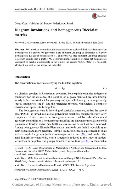 Diagram Involutions And Homogeneous Ricci Flat Metrics Request Pdf