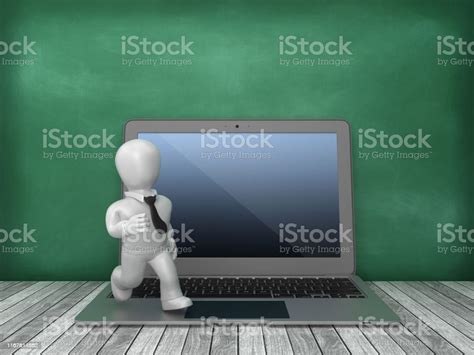 칠판 배경에서 실행 중인 비즈니스 캐릭터가 있는 랩톱 3d 렌더링 노트북에 대한 스톡 사진 및 기타 이미지 노트북 달리기 3차원 형태 Istock