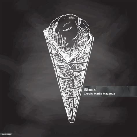 아이스크림을 곁들인 와플 콘의 손으로 그린 스케치 칠판 벡터 손으로 그린 그림 포도 수확 라벨 포장 및 엽서 디자인을위한 요소 0명에 대한 스톡 벡터 아트 및 기타 이미지