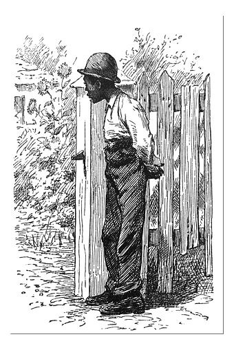 골동품 일러스트레이션 모자를 쓴 어린 흑인 소년과 울타리 문을 주시하는 등 뒤에서 손을 들고 검은색에 대한 스톡 벡터 아트 및 기타 이미지 Istock