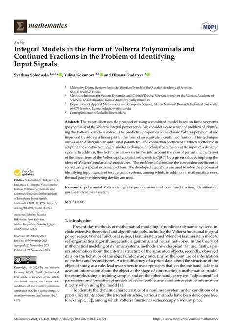 Pdf Integral Models In The Form Of Volterra Polynomials And Continued Fractions In The Problem