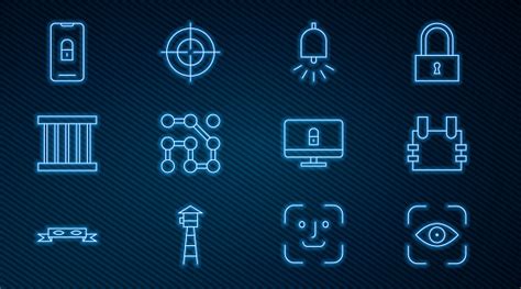 라인 눈 스캔 방탄 조끼 울리는 알람 벨 그래픽 암호 보호 교도소 창 닫힌 자물쇠가 있는 모바일 컴퓨터 모니터 잠금 및 대상 스포츠 아이콘을 설정합니다 벡터 Brand