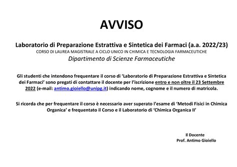 Laboratorio Di Preparazione Estrattiva E Sintetica Dei Farmaci A A 2022 23 Ctf