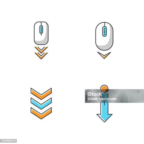 스크롤 다운 표시기 Rgb 색상 아이콘 설정 컴퓨터 마우스와 화살촉 제스처를 아래로 스 와이프합니다 이동 화살표 탐색 버튼입니다 웹 사이트 페이지 검색 커서 격리된 벡터