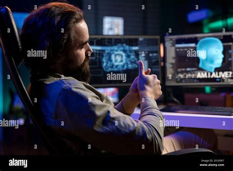 Sentient Ai Interacting With Computer Scientist Asking Existential
