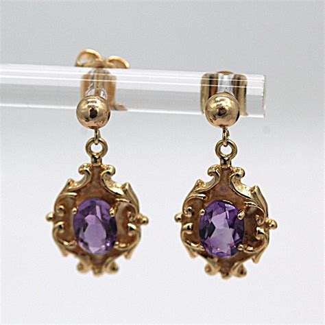 14k Yellow Gold Vintage Natural Oval Purple Amethyst Drop Dangle