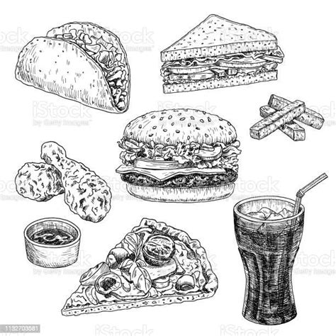 패스트 푸드 손으로 그린 벡터 일러스트 레이 션 햄버거 치즈 버거 샌드위치 피자 닭고기 타코와 콜라 새겨진 스타일 흰색 배경에