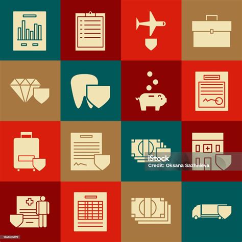 방패 의료 병원 건물 채워진 형태 평면 치아 다이아몬드 문서 그래프 차트 및 돼지 저금통 동전 아이콘으로 배달화물 트럭을 설정합니다 벡터 가득 찬에 대한 스톡 벡터 아트 및